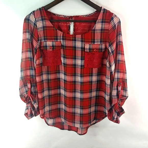 E M | Tops | Em S Red Plaid Lace Trim Sheer Top | Poshmark